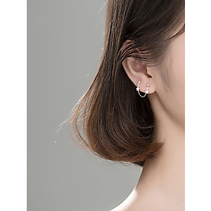 Reffeer 925 Sterling Silver Two Piercing Cute Ball Star Stud Chain Earrings Climber Ball Star Cuff Earrings Helix for Women Teen (Silver)