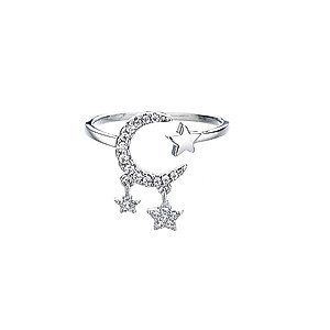 Crescent Moon Star Open Rings for Women Cubic Zirconia Dangle Tassel Adjustable Stacking Statement Knuckle Finger Ring Promise Wedding Promise Gift Anniversary Valentine's Day Fashion Jewelry Gifts Daughter