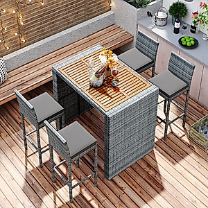 XD Designs 5-Pieces Outdoor Patio Bar Set, All-Weather PE Wicker Counter Height Dining Table Set, Acacia Wood Table Top, Comfort 4 Bar Chairs with Ergonomic Backrests, Footrest and Removable Cushion