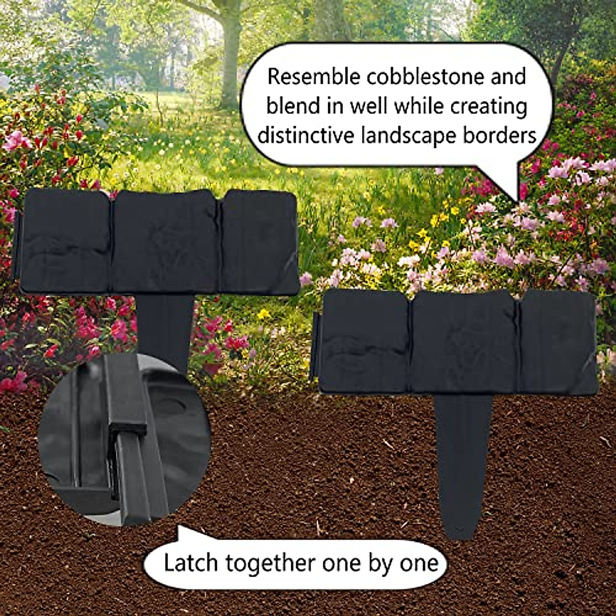 Garden Edging Border, Garden Landscape Edging Borders for Flower Bed, Black Stone Effect Plastic Lawn Edging Fencing | No Dig Landscape Edging | 20 Pcs | 16 Ft | (Black)