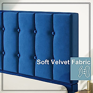 LIKIMIO King Bed Frame and Headboard, Velvet Upholstered King Platform Bed with Sturdy Metal Support/No Box Spring Needed/Noise-Free/Easy Assembly, Royal Blue