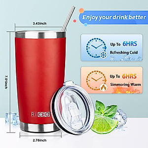 RIICEO 20oz Tumbler with Straw and Brush,Stainless Steel Vacuum Insulated tumbler, Double Wall Insulated Coffee Tumbler for Outdoor, Home, Travel,Office (Bright red, 1pcs)