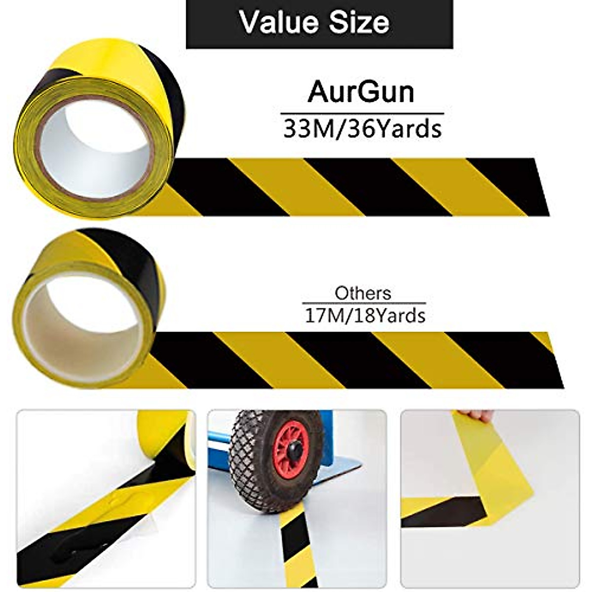 AurGun Black & Yellow Hazard Safety Warning Stripe Tape, 2inch x 108Ft High Visibility Barricade Adhesive Tape for Floor, Walls, Pipes and Equipment Marking