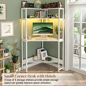 Cyclysio Mini Corner Desk with Hutch, Corner Gaming Desk with LED Light, Corner Computer Desk with Power Outlets, Triangle Corner Desk for Small Space, Home Office, Workstation, White