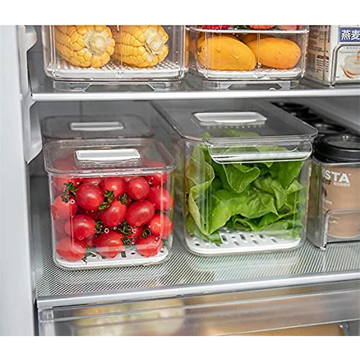 Fridge Storage Containers Produce Saver Stackable Refrigerator Organizer Bins with Removable Drain Tray Fridge Organizer for Fruits and Vegetables 3 Pack