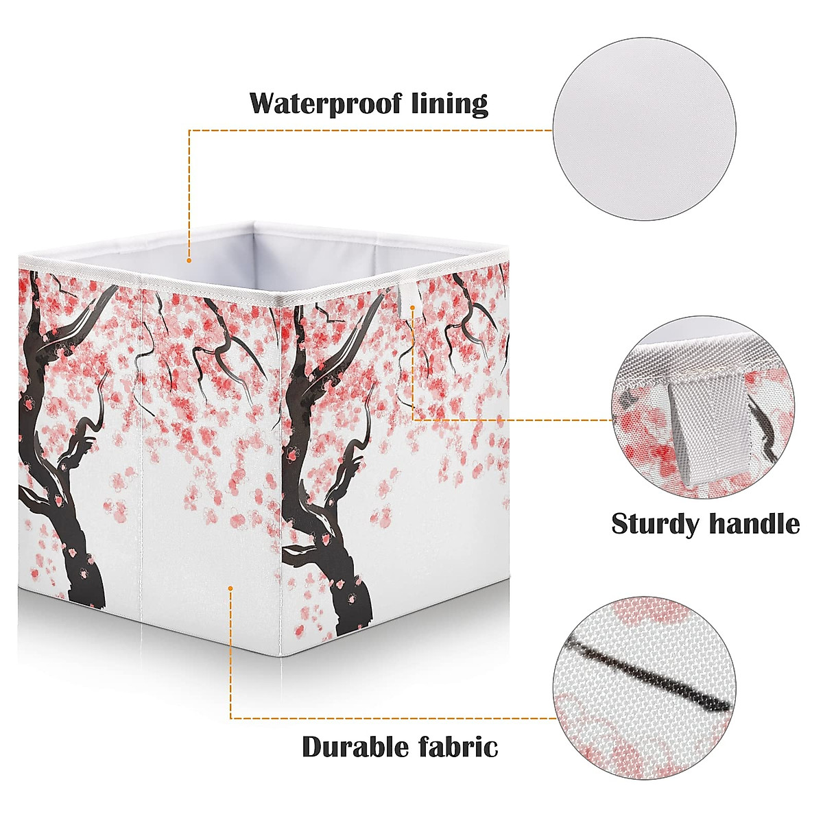 Poeticcity Red Pink Japanese Cherry Blossom Flowers Black Trunk on White Square Storage Basket Bin, Collapsible Storage Box, Foldable Nursery Baskets Organizer for Toy, Clothes Easy to Assemble