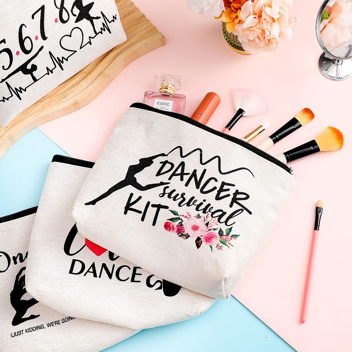 4 Pieces Live Love Dance Makeup Bag Dancer Cosmetic Bags Dancer Survival Kit Dancer Gifts Toiletry Zipper Pouch Portable Travel Case for Women Girl Dance Lover Teacher Dance Team