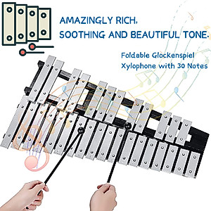 MIRIO 30 Notes Foldable Glockenspiel Xylophone Percussion Set, Glockenspiel Bell Kit With Carry Bag, Mallets for Beginner/Professional, Children Educational Percussion Musical Instrument (Silver)