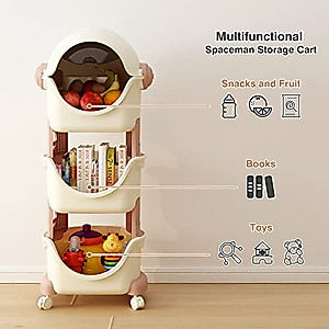 BanaSuper Kids Storage Cart with Wheels Spaceman Shape 3-Tier Rolling Bins for Toddler Dustproof Cover Children Toy Storage Organizer for Kids in Playroom Bedroom Nursery (Pink)