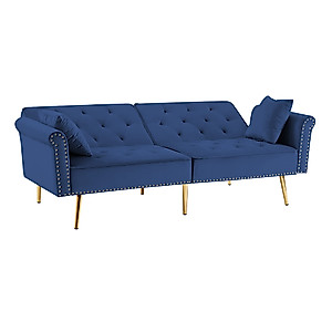 Eafurn Convertible Futon Sofa Bed Folding Sleeper Couch Velvet Upholstered Loveseat w/Nailhead Trim, Metal Legs, 2 Pillows for Compact Living Space, Apartment, Dorm, Bonus Room, Blue 76.7"