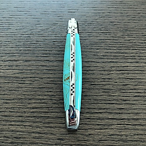 Laguiole en Aubrac Handmade Luxury Folding Pocket Knife, 4.8-in (12cm). Genuine Turquoise Handle, Hand Forged Bee, Stainless Steel Shiny Bolsters