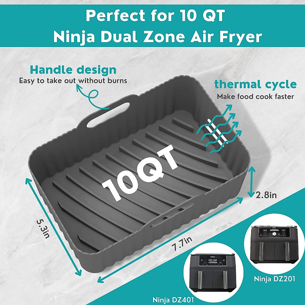 Air Fryer Silicone Pot Rectangular for Ninja Foodi Dual DZ201/DZ401 10QT, Reusable Silicone Airfryer Liner Replacement Baking Tray Basket | Non-stick | Easy Cleaning | Food Safe | Gray / 2Pcs