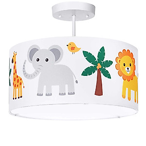 Firefly Home & Kids Lighting Jungle Animals Semi Flush Mount Light Fixture 3-Light, Fabric Shade with Acrylic Diffuser, 16" W x 13" H, Nursery Room, Children's Bedroom, Kids Bedroom, Playroom