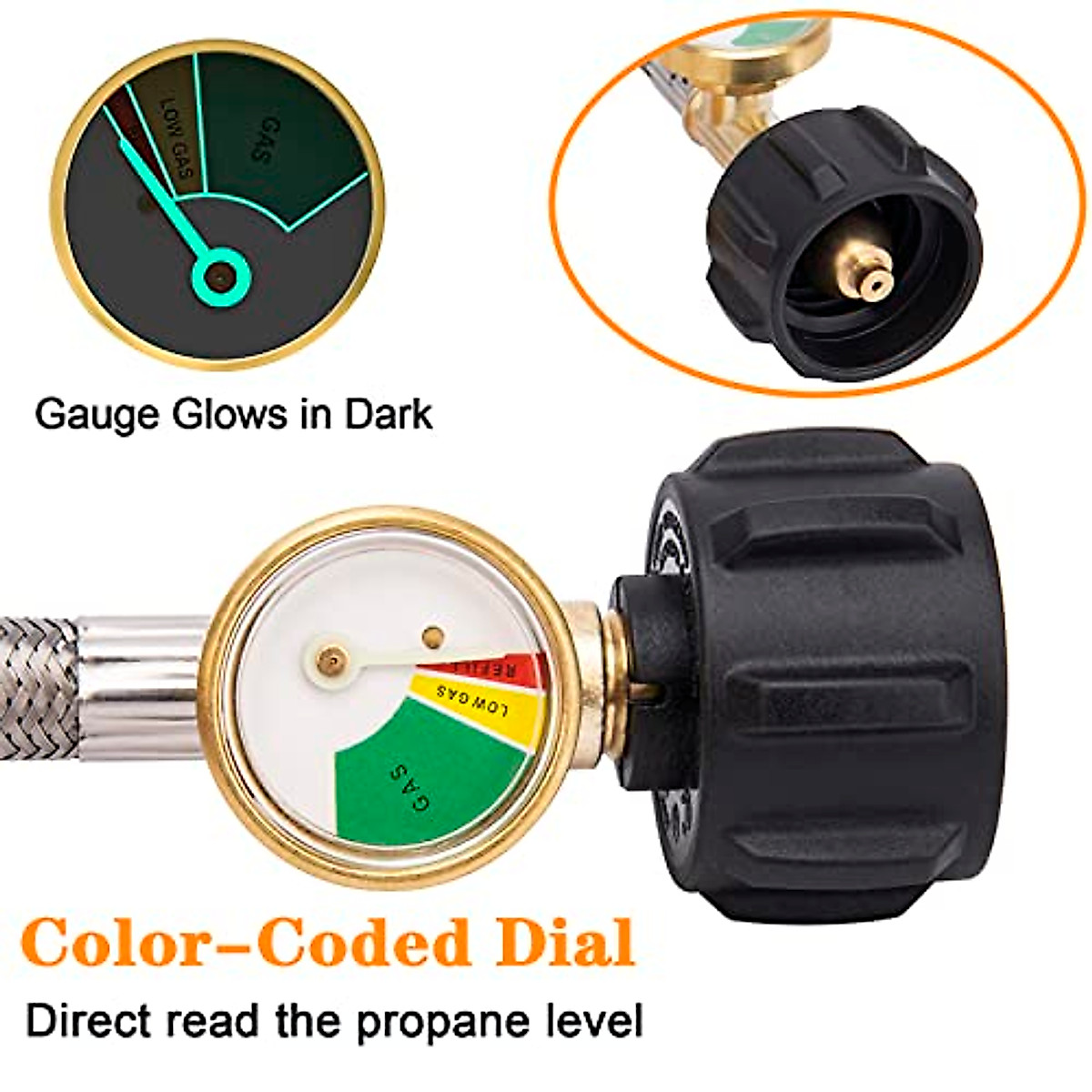 15 inch RV Propane Hose with Gauge, Stainless Steel Braided Tank RV Propane Pigtail Hose Line for Camper Standard Dual Stage Regulator 1/4-Inch Male NPT x QCC-1 Fittings 40Lb 250PSI (2 Pack)