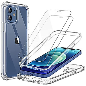 JETech Case for iPhone 12/12 Pro 6.1-Inch with 2-Pack Tempered Glass Screen Protector, 360 Full Body Shockproof Bumper Phone Cover Protective Clear Back (Clear)