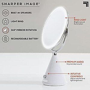 Sharper Image SpaStudio Vanity Sound, 9-Inch LED Mirror with Built-in Speaker, Wireless Bluetooth Audio, Touch-Activated Brightness Controls, Dimmable Halo Light Ring, 5X and 10X Magnification
