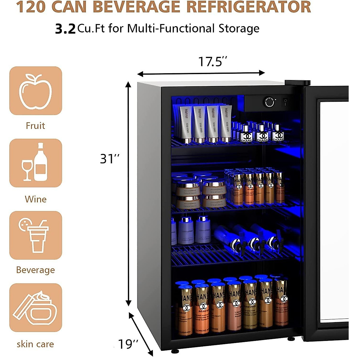 ORALNER Beverage Refrigerator Cooler, 120-Can Beverage Center w/Glass Door & Adjustable Shelf, Blue LED Light, 3.2 Cu.Ft Drink Wine Cooler for Beer Pop Soda, Mini Fridge for Basement, Garage, Dorm