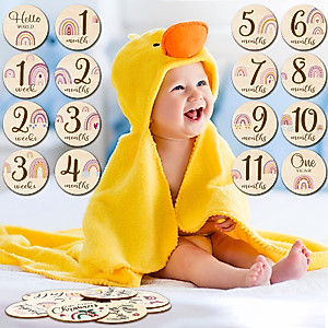 16 Pieces Wooden Baby Monthly Milestone Cards Baby Monthly Milestone Marker Discs Double Sided Monthly Milestone Wooden Circles Baby Months Signs for Baby Shower Newborn Photo Props(Rainbow)