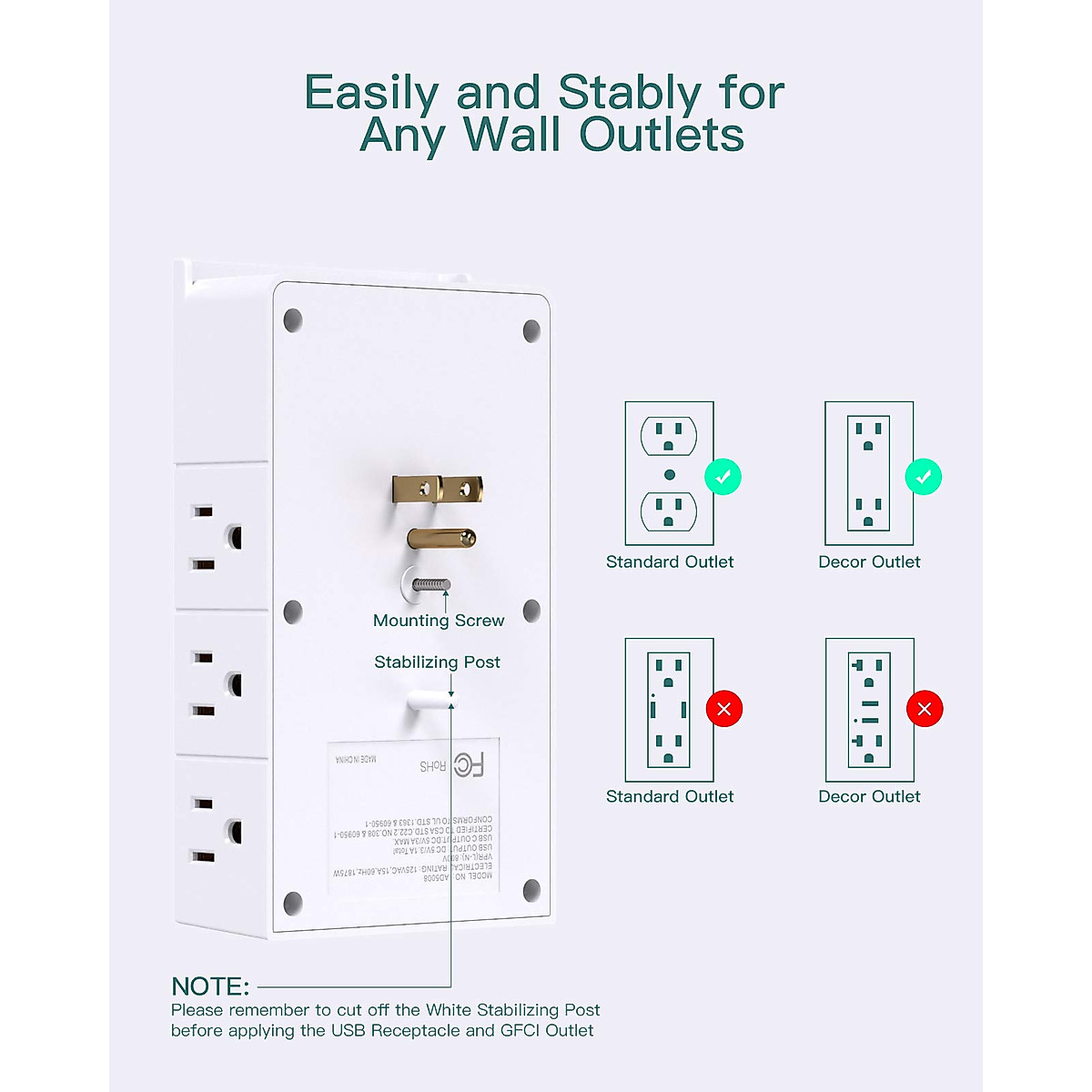 Multi Plug Outlet - Addtam Surge Protector Wall Mount with 12 Outlet Extender- 3 Sides and 3 USB Ports (1 USB-C), Outlet Splitter Power Strip for Home, Office, Hotel, White
