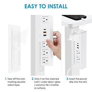 JUNNUJ 20W USB C Under Desk Power Strip, Under Mount Surge Protector with 4 Outlet Desktop, Adhesive Wall Mount Strip Socket Table Multi-Outlets with 3 USB Ports, 6FT Cable with Flat Plug - Black