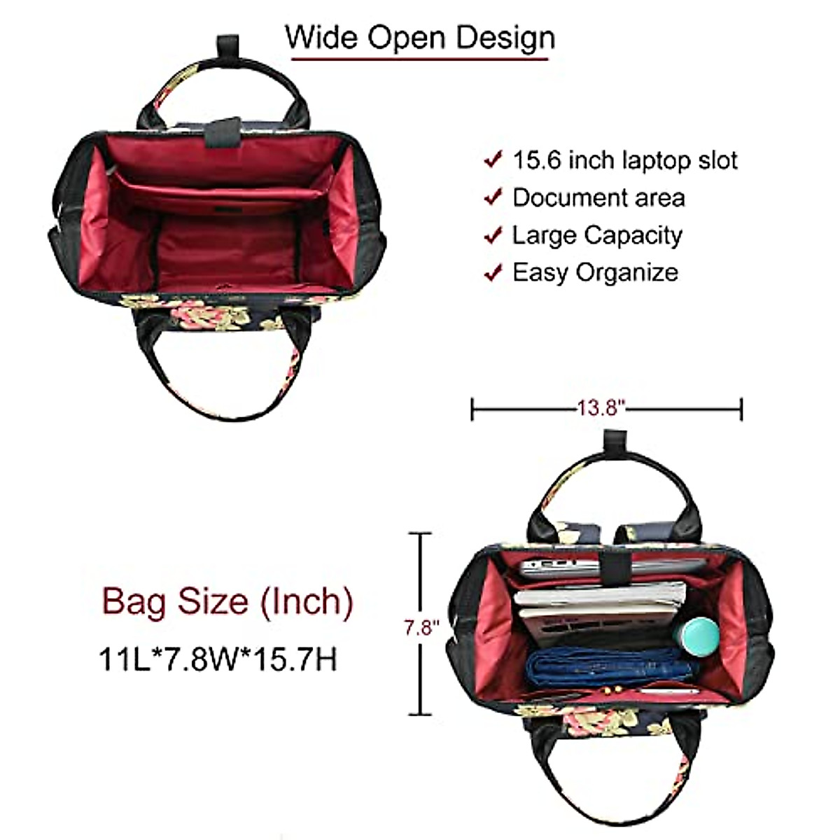 BRINCH Laptop Backpack 15.6 Inch Wide Open Computer Backpack Laptop Bag College Rucksack Water Resistant Business Travel Backpack Multipurpose Daypack with USB Charging Port for Women Girls, Flower