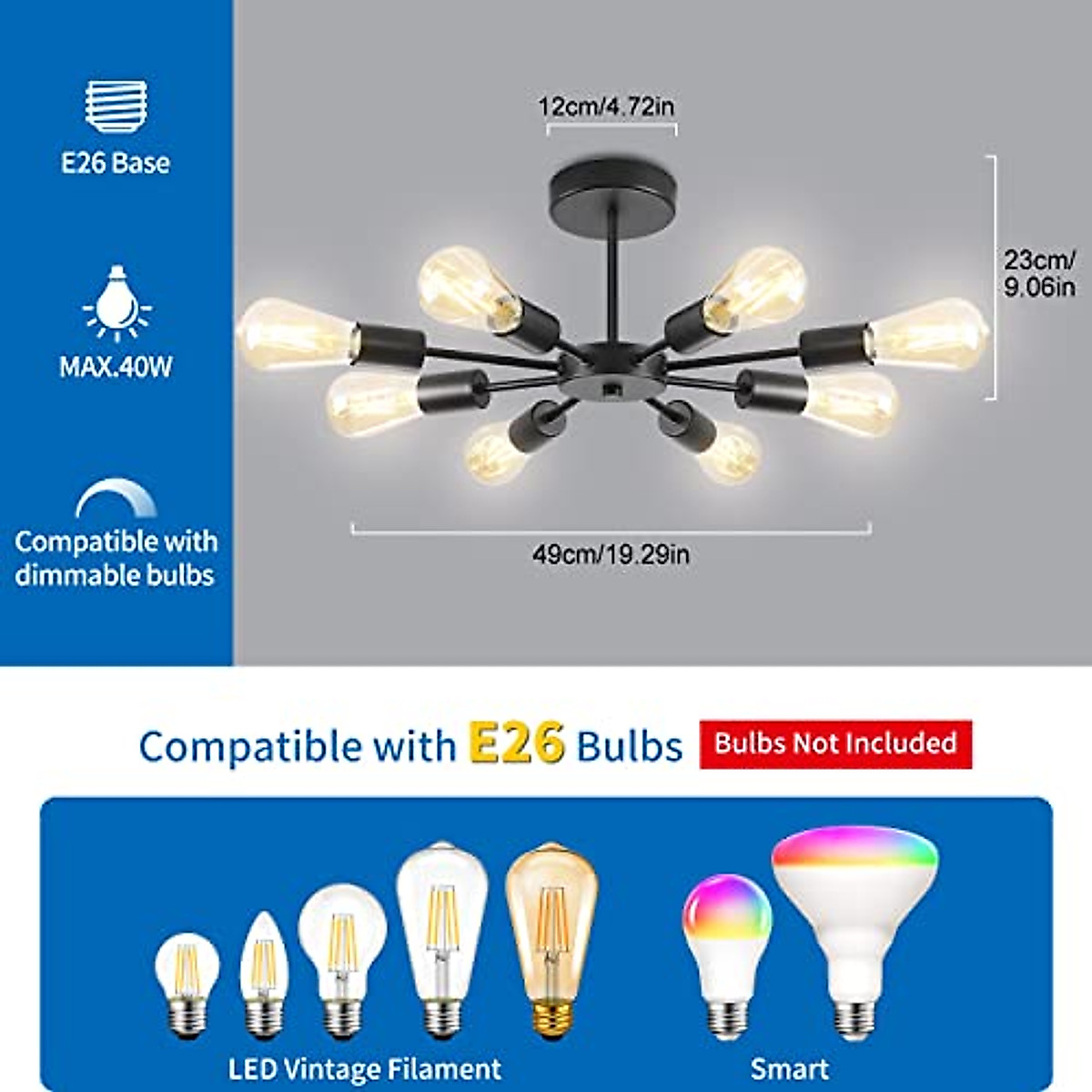 ANWIO Modern Flush Mount Ceiling Light Metal Art Industrial Ceiling Light 8 Lights Black Sputnik Painted Finish Chandelier for Kitchen Farmhouse Living Room Dining Room(8Head)