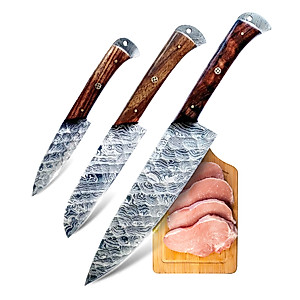 Breliser 3-Piece Knives Set for Kitchen, Damascus Chef Knife Set With Professional Chef Knife, Santoku Knife, & Paring Knife, Diamond-Hammered Kitchen Knifes With Rosewood Handles, Gifts for Chefs