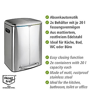 WENKO Primo 10 Gallon Dual, odorless, Waste, (WxHxD): 8.9x9.1x12.6 in, Stainless Steel Lid and Foot Pedal, Garbage Bin, Handsfree, Step Trash Can, Chrome