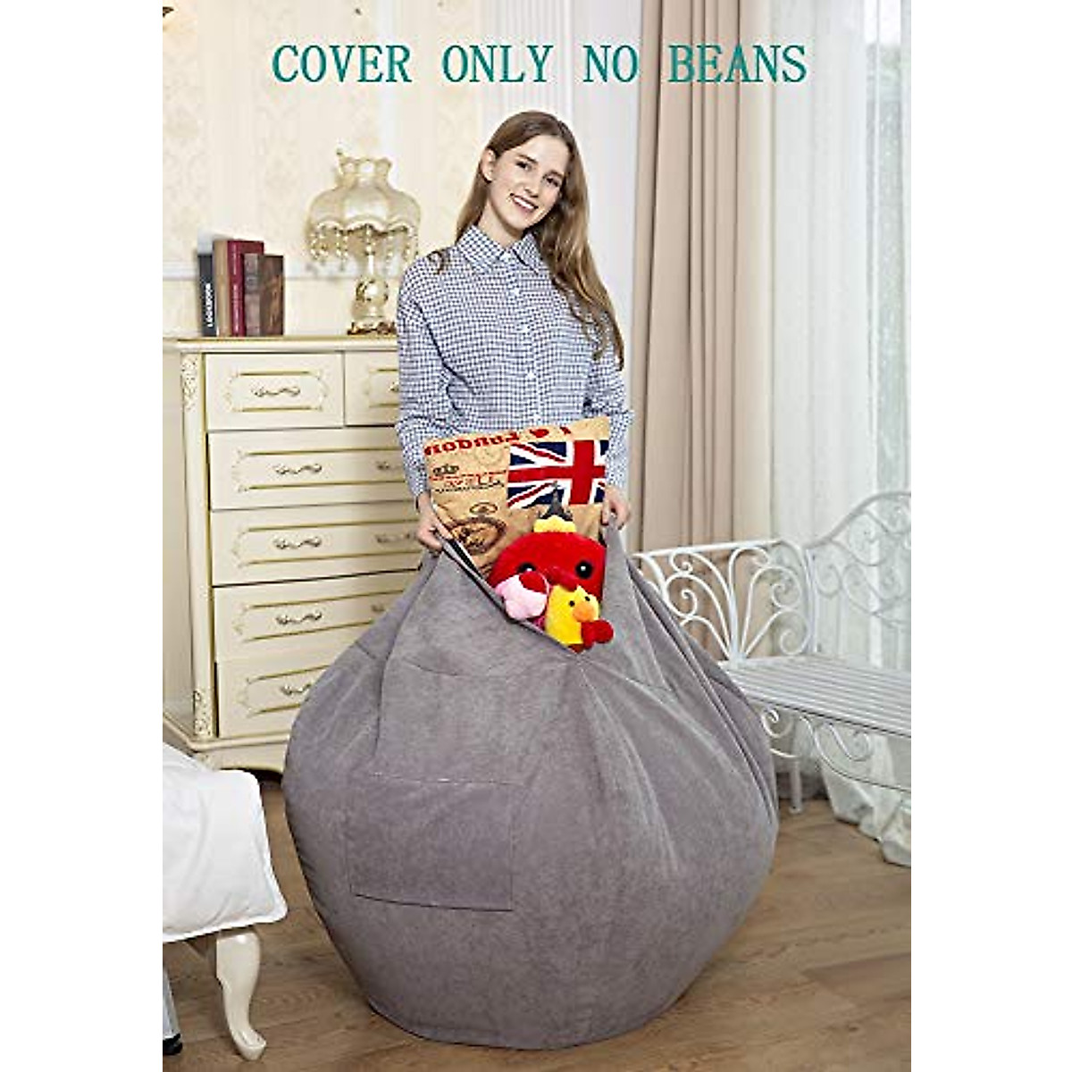 SANMADROLA Stuffed Animal Storage Bean Bag Chair Cover (No Filler) for Kids and Adults.Soft Premium Corduroy Stuffable Beanbag for Organizing Children Plush Toys or Memory Foam Extra Large 300L (Grey)