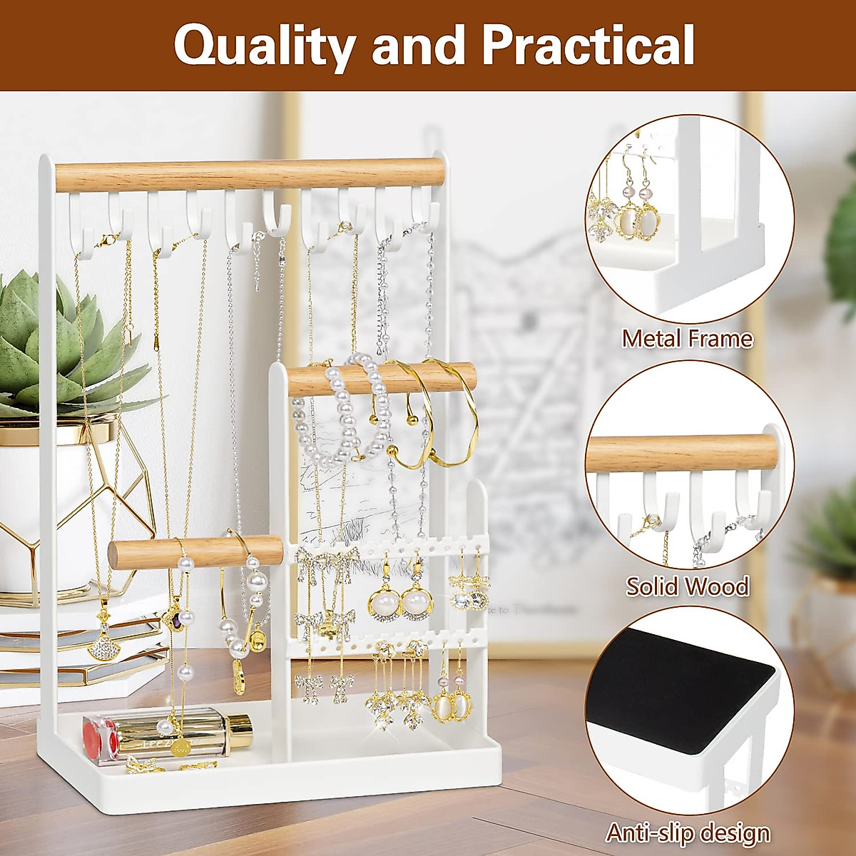 MetWoods Jewelry Holder Organizer with Earring Tray and 10 Hooks, 4 Tier Necklace Holder Display for Earrings Watches Bracelet Rings (White)