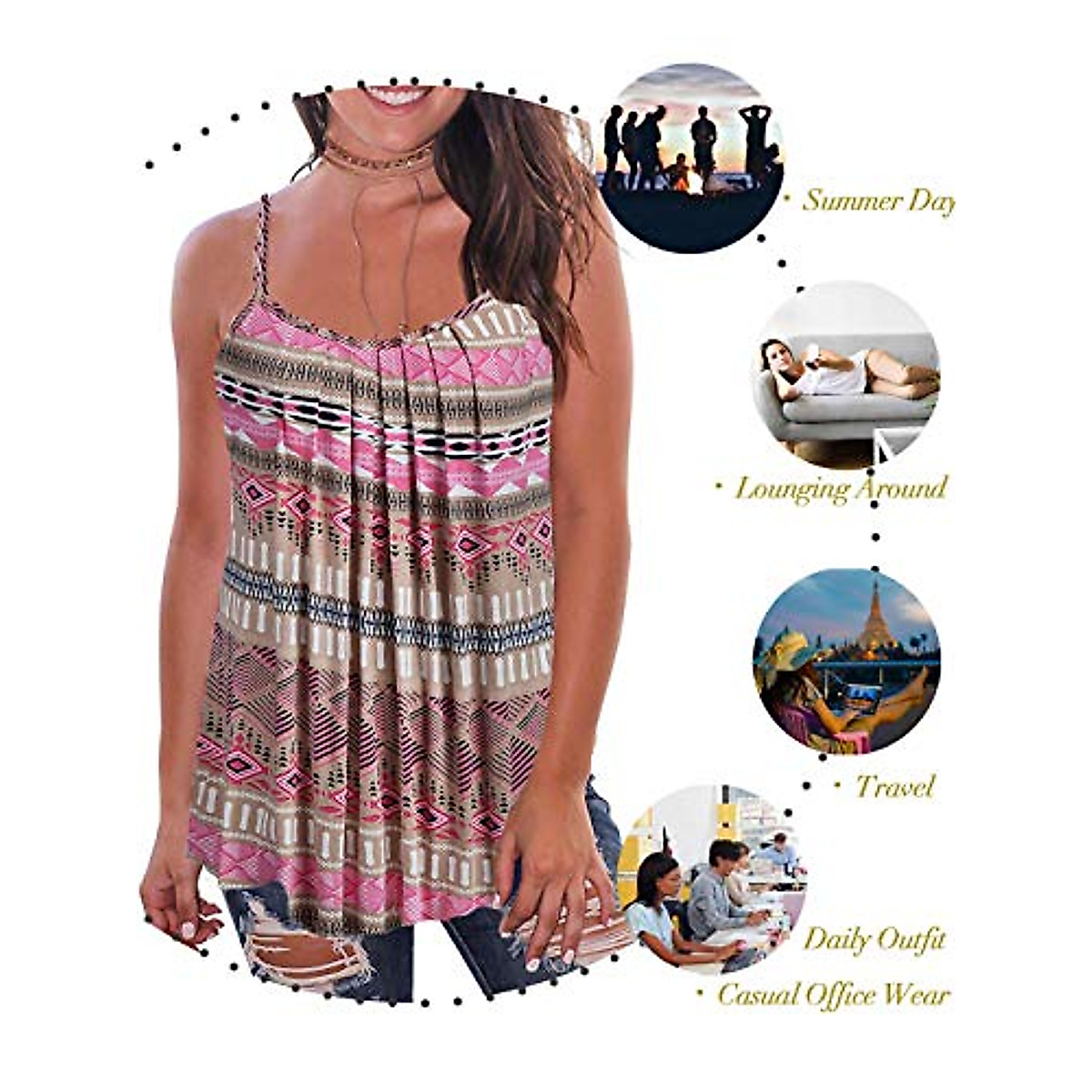 Kaei&Shi Spaghetti Strap Print Long Vest,Flowy Tank Top for Women,Pleated Dressy Loose Cami,Swing Camisole Zigzag Pink Medium