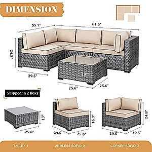JAMFLY 5 Pieces Patio Furniture Sets, Wicker Outdoor Sectional Furniture with Glass Table and Cushions, Rattan Patio Conversation Sets for Garden, Poolside, Backyard(Khaki)