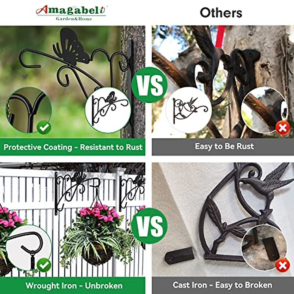 Amagabeli Hanging Plants Bracket Hanger 11" Wall Planter Hook Flower Pot Baskets Bird Feeder Wind Chime Lanterns Patio Garden for Outdoor Shelves Fence Screw Mount Arm Hardware Butterfly Black hook06