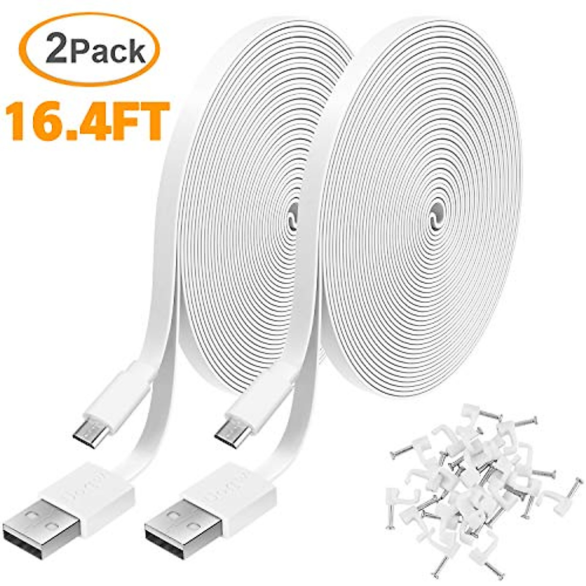 2 Pack 16.4FT Power Extension Cable for WyzeCam,WyzeCam Pan,KasaCam Indoor,NestCam Indoor, Blink,Amazon Cloud Cam, USB to Micro USB Durable Charging and Data Sync Cord (White)