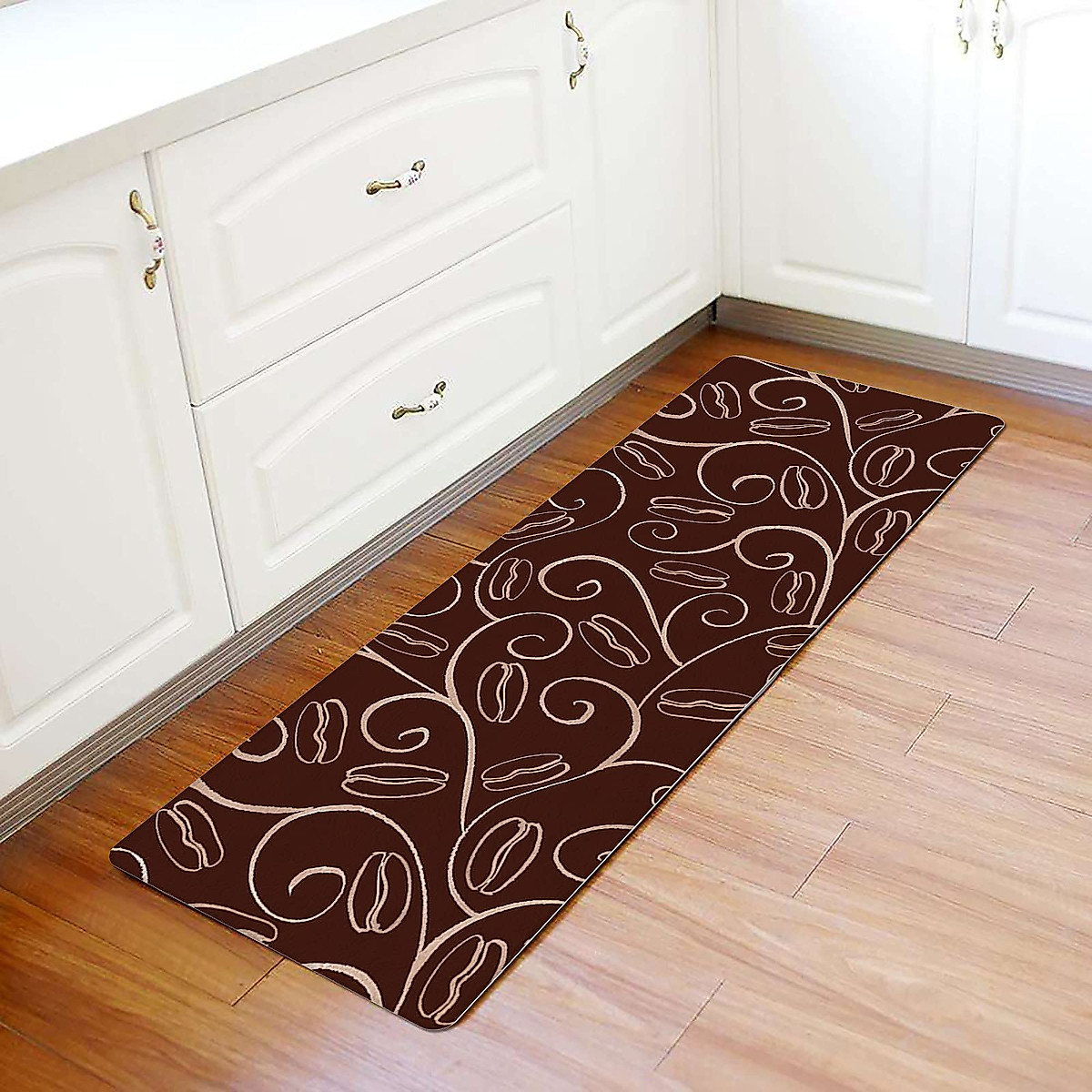 Abstract Coffee Bean Line Antifatigue Kitchen Bath Door Mat Cushioned Runner Rug, Washable Welcome Floor Sink Mat, Retro Brown Waterproof & Non-Slip Comfort Standing Doormat for Kitchen, 24"x36"
