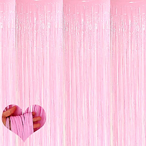4 Pack Pink Fringe Curtain Backdrop, 3.2Ft x 6.6Ft Metallic Tinsel Foil Fringe Streamers Curtains Background for Photo Booth Birthday Wedding Baby Shower Party Thanksgiving Christmas Decorations