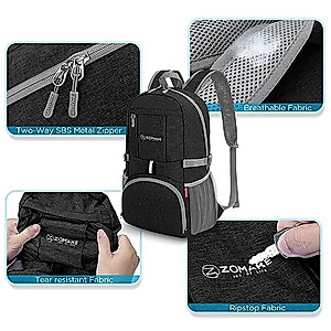 ZOMAKE Lightweight Packable Backpack 25L - Small Foldable Hiking Daypack for Travel - Tear Resistant Day pack for Women Men Camping Outdoor Sports(Black)
