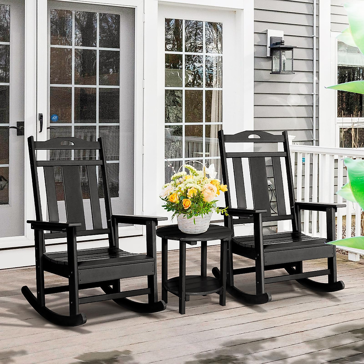 LOENIY HDPE Outdoor Rocking Chair Set of 2, All Weather Resistant Patio Rocker Chair with 350 lbs Heavy Duty, High Back Oversized Rocking Chair for Adult in Porch, Ergonomic Seat (Black)