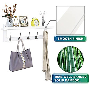 SMIBUY Coat Hooks with Shelf Wall-Mounted, 29.2 Inch Entryway Coat Rack for Wall, Bamboo Hanging Shelf with 5 Double Metal Hooks for Bathroom, Bedroom, Kitchen, Living Room, Mudroom (White)