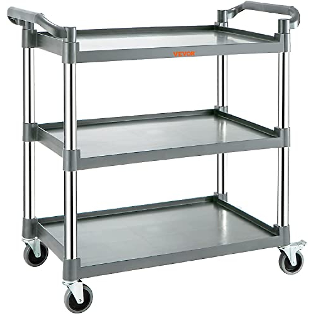 VEVOR Utility Service Cart, 3 Shelf Heavy Duty 220LBS Food Service Cart, Rolling Utility Cart with Lockable Wheels, 40" x 19.3" x 38.6" Plastic Utility Cart for Kitchen Office Restaurant Home, Grey