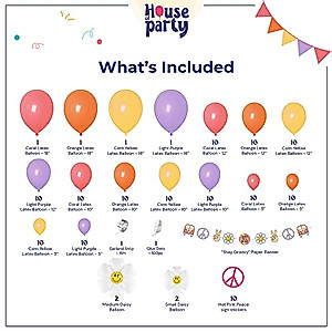 HOUSE OF PARTY Hippie Balloon Garland - 140 Pcs Hippie Party Decorations with Peace Sign, Groovy Balloon Arch Pink, Yellow Orange Flower Spring Balloons for Easter Party Decorations