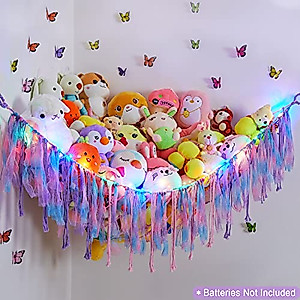 Beinou Stuffed Animals Net or Hammock with Butterfly Stuffed Animals Storage Holder with LED Light Toy Storage for Stuffed Animals for Girls Bedroom Decor