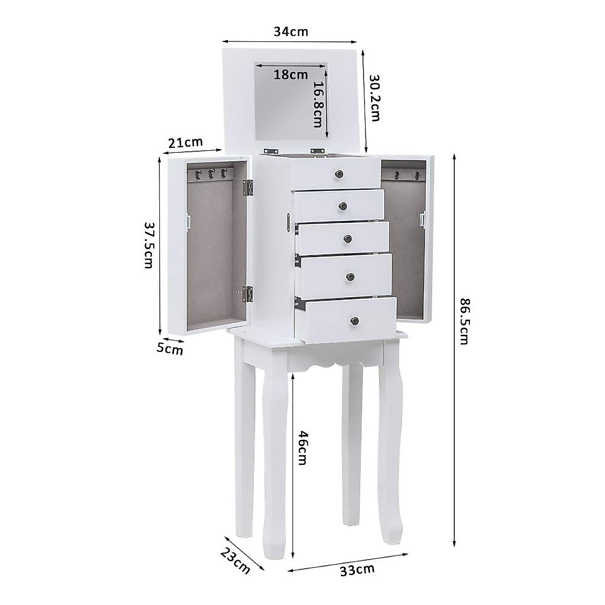 Karl home White Jewelry Armoire With Top Flip Mirror and Storage Organizer, Standing Jewelry Cabinet With 5 Grey flannel Drawers, 2 Side Doors and 4 Solid Wood Legs