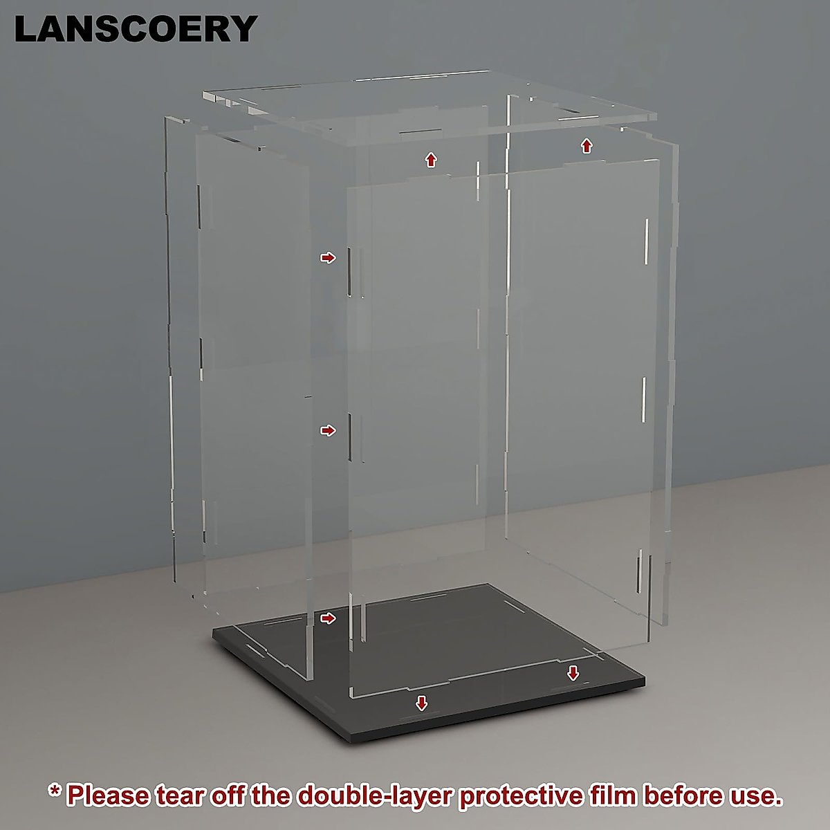 LANSCOERY Acrylic Display Case, Assemble Showcase Display Box for Collectibles, with Dustproof & Seamless Display Design, 6x6x10inch Black Base