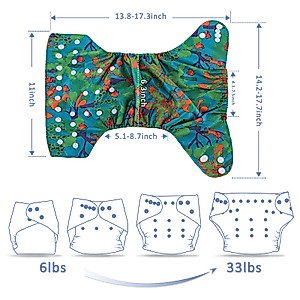 TDIAPERS Cloth Diapers Washable Reusable One Size Adjustable for Baby 6 Pack with 12 Inserts