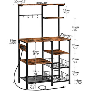 HOOBRO Large Bakers Rack with Power Outlets, 6-Tier Microwave Stand with 4 Hooks, Coffee Bar, Kitchen Shelf with Wire Basket, for Kitchen, Living Room, Office, Rustic Brown and Black BF64UHB01