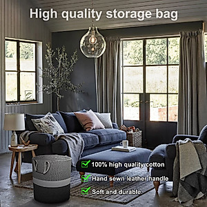 Large Cotton Rope Basket, Storage Basket, Woven Laundry Hamper, Toy Storage Bin, Nursery Storage Basket, Baby Bin Organizer, White & Black, 17x19 Inches