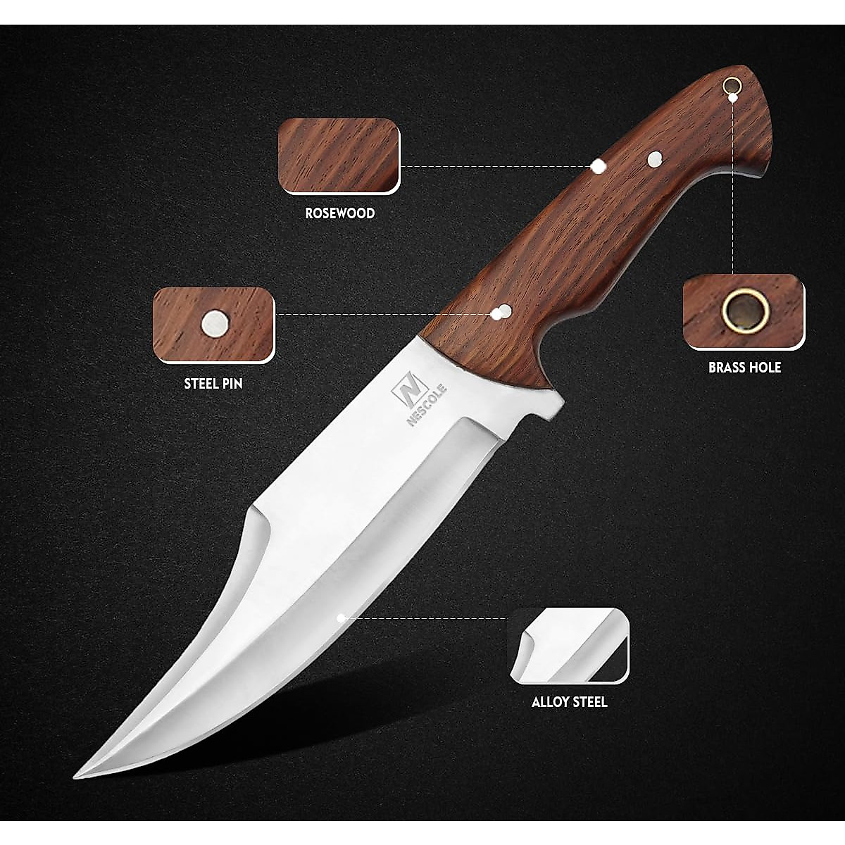 Nescole Handmade D2 Steel Hunting Bowie Knife With Rose Wood Handle & Leather Sheath - 13.5" Tactical Bowie Survival Hunting Knife For Camping, Hiking, Skinning, Fishing