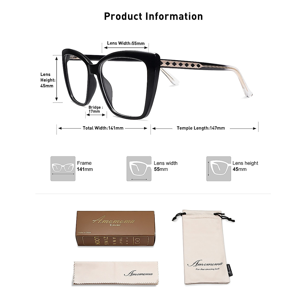 AMOMOMA Trendy TR90 Oversized Blue Light Reading Glasses Women,Stylish Square Cat Eye Glasses AM6031C1 with Black Frame 1.5 x
