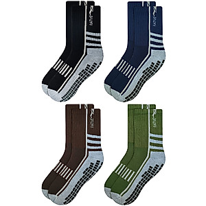 RATIVE Anti Slip Non Skid Slipper Hospital Crew Socks with grips for Adults Men Women (XL, 4 pairs-back stripes)